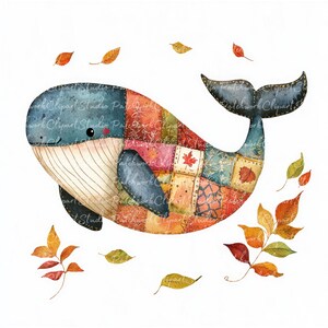 10 Autumn Whale Clipart Bundle, PNG & JPG, Printable Patchwork, Sea ...