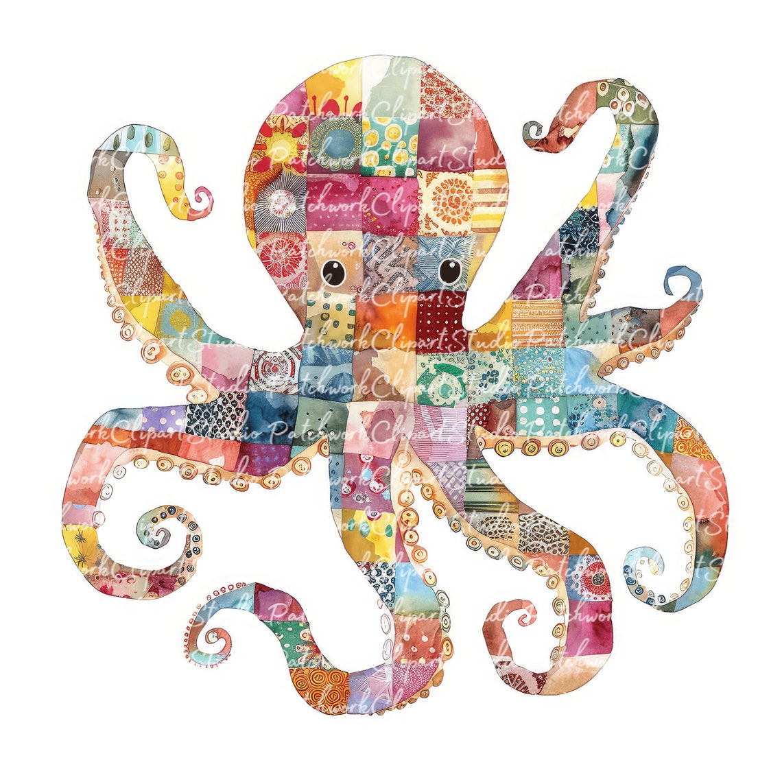 10 Octopus Clipart Bundle, Printable Patchwork Octopus, Quilted Fabric ...