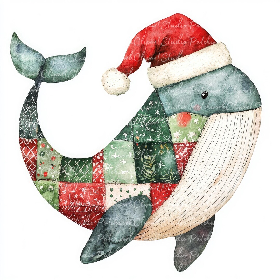 10 Christmas Whale Clipart Bundle, PNG & JPG, Printable Patchwork, XMAS ...
