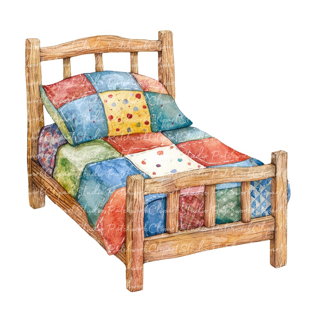 10 Bed Clipart Bundle, PNG & JPG, Printable Patchwork Bed Illustration ...