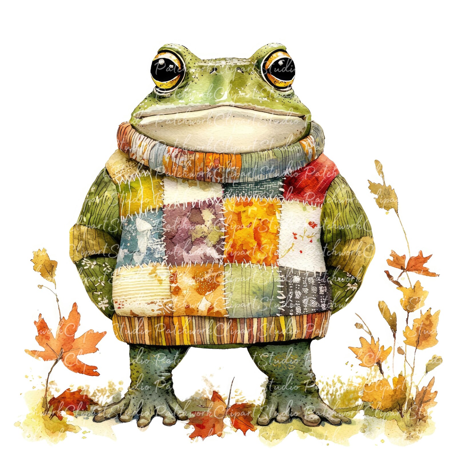 10 Autumn Frog Clipart Bundle, PNG & JPG, Printable Patchwork, Frog in ...