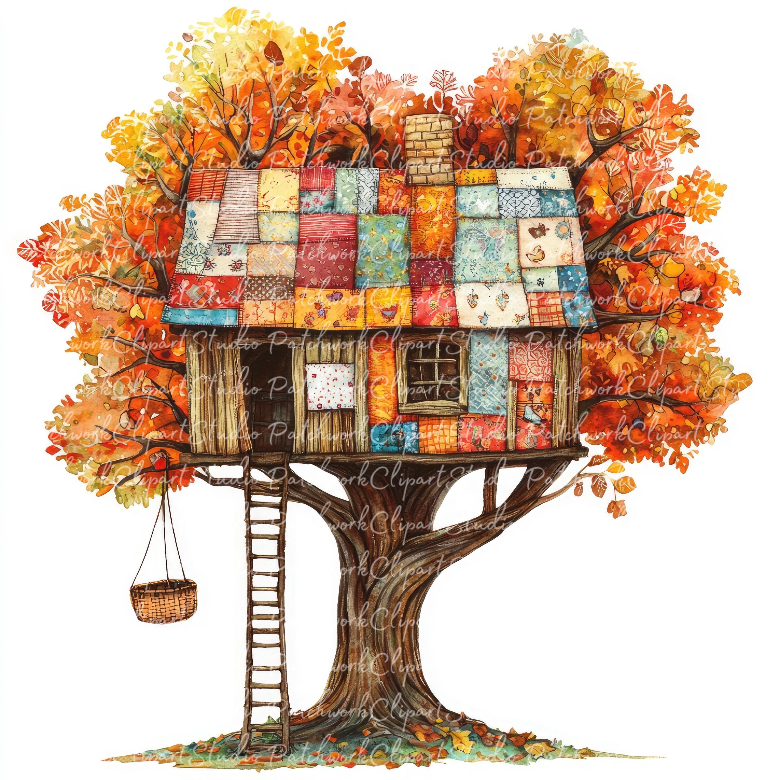 10 Autumn Tree House Clipart Bundle, JPG & PNG, Printable Patchwork ...