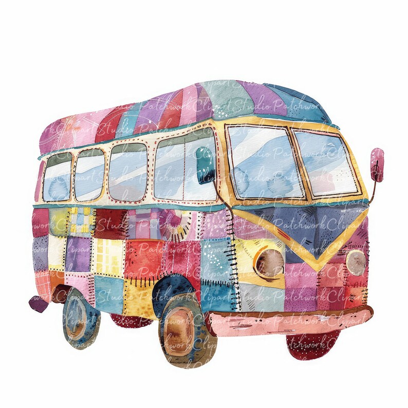 10 Buses Clipart Bundle, Printable Patchwork Bus, Quilted Fabric ...