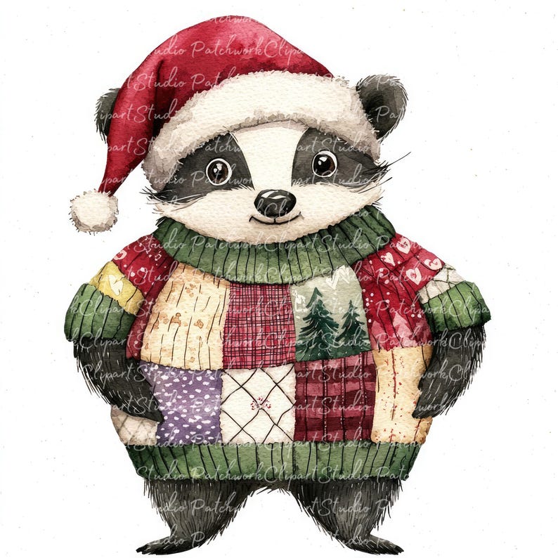 10 Christmas Badger Clipart Bundle, PNG & JPG, Printable Patchwork ...