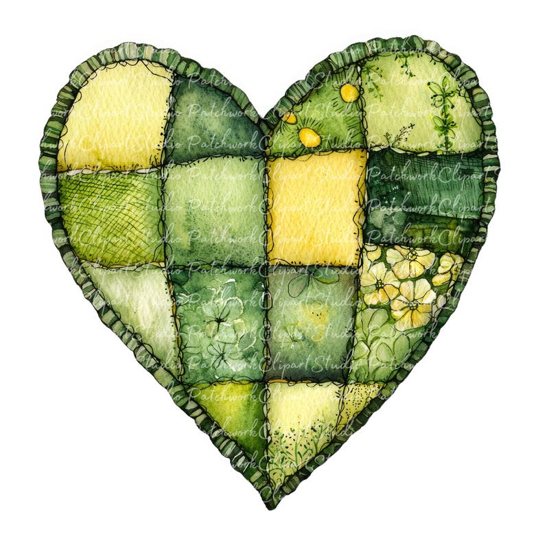 10 Green Heart Clipart Bundle, PNG & JPG, Printable Patchwork ...