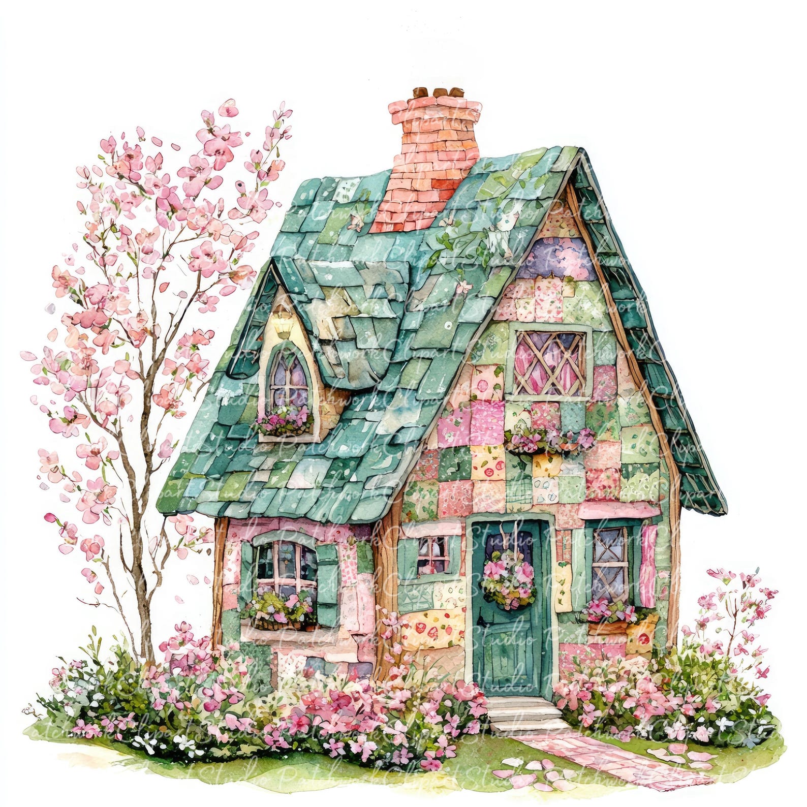10 Spring House Clipart Bundle, PNG & JPG, Printable Patchwork, Pink ...