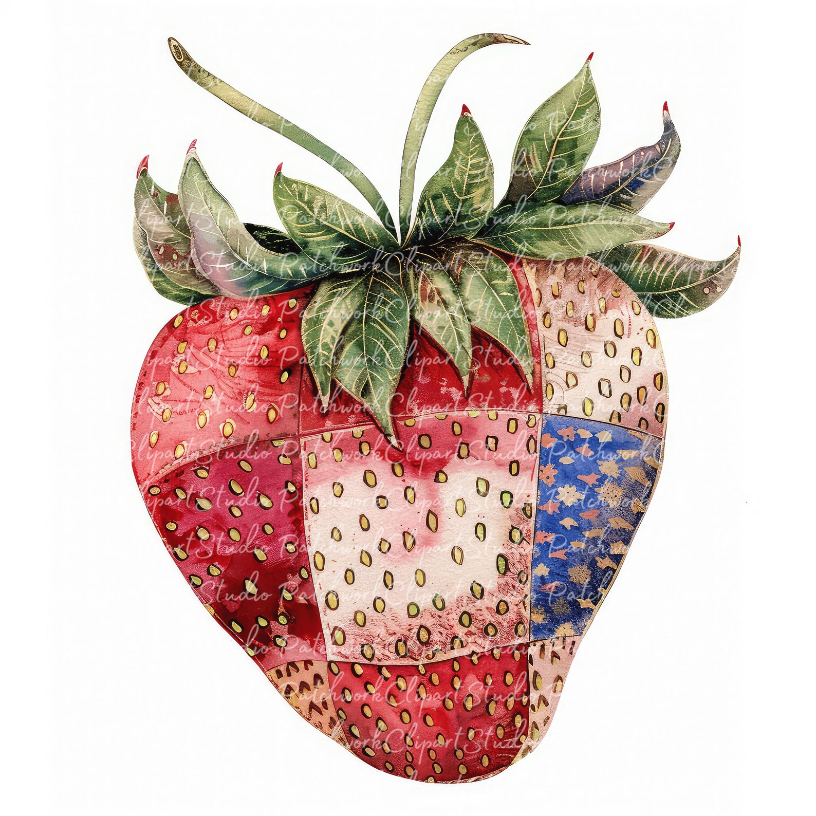 10 Strawberries Clipart Bundle, PNG & JPG, Printable Patchwork Strawberry, Illustrations ...