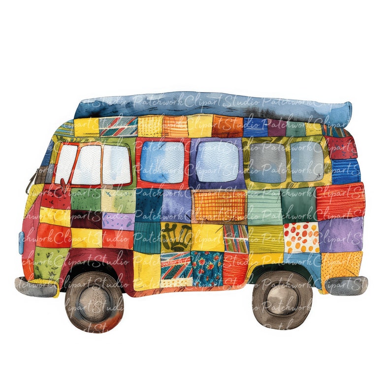 10 Buses Clipart Bundle, Printable Patchwork Bus, Quilted Fabric ...