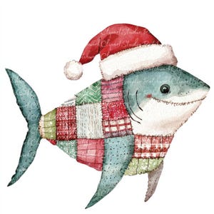 10 Christmas Shark Clipart Bundle, PNG & JPG, Printable Patchwork ...