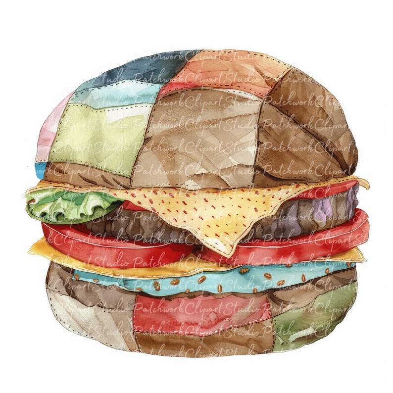 10 Hamburgers Clipart Bundle, PNG & JPG, Printable Patchwork Burger ...