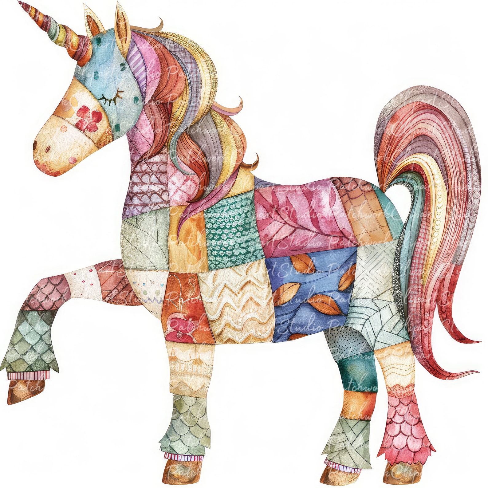 10 Unicorns Clipart Bundle, Printable Patchwork Unicorn, Cute Horse, Fabric Illustrations ...