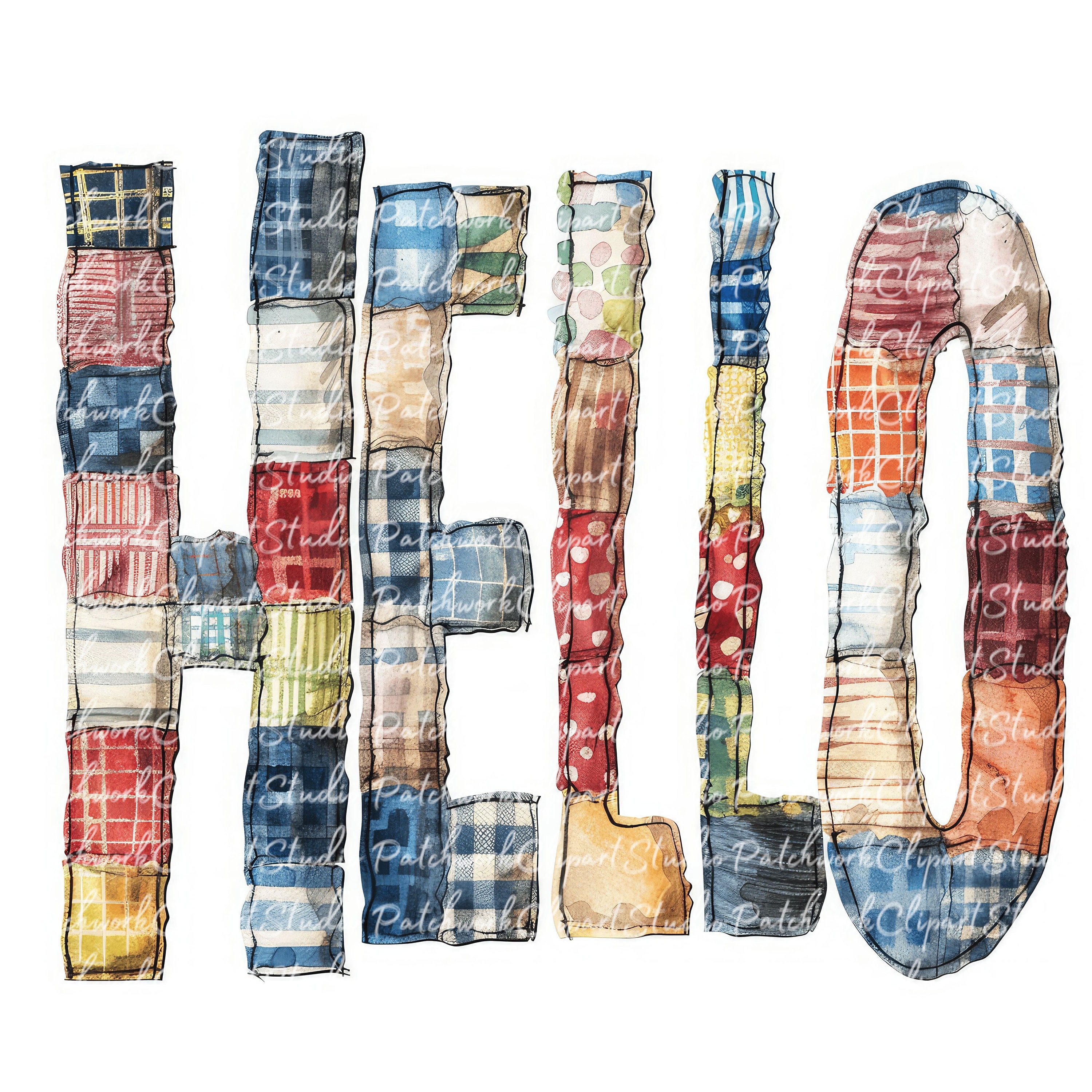 10 Hello Clipart Bundle, PNG & JPG, Printable Patchwork Word Hello ...