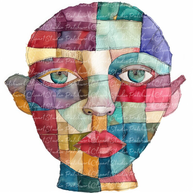 10 Faces Clipart Bundle, PNG & JPG, Printable Patchwork Face ...