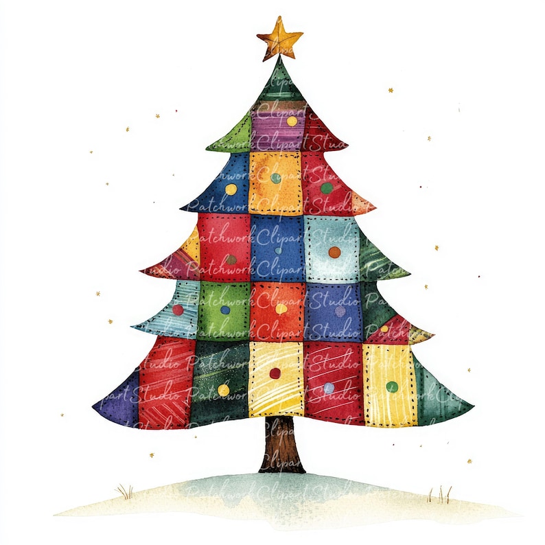 10 Patchwork Christmas Tree Clipart Bundle, PNG & JPG, Printable ...
