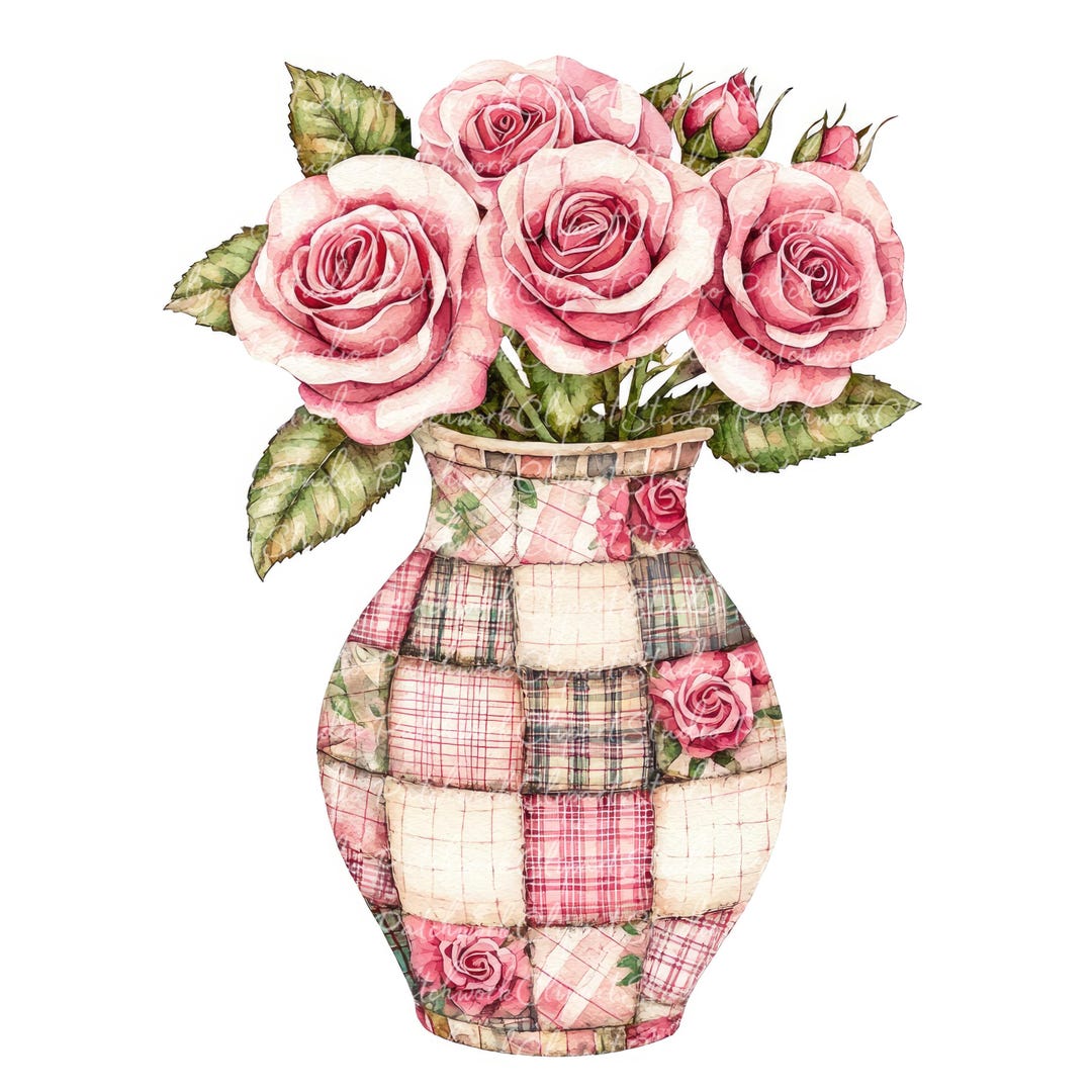 10 Pink Roses in Vase Clipart Bundle, PNG & JPG, Printable Patchwork ...