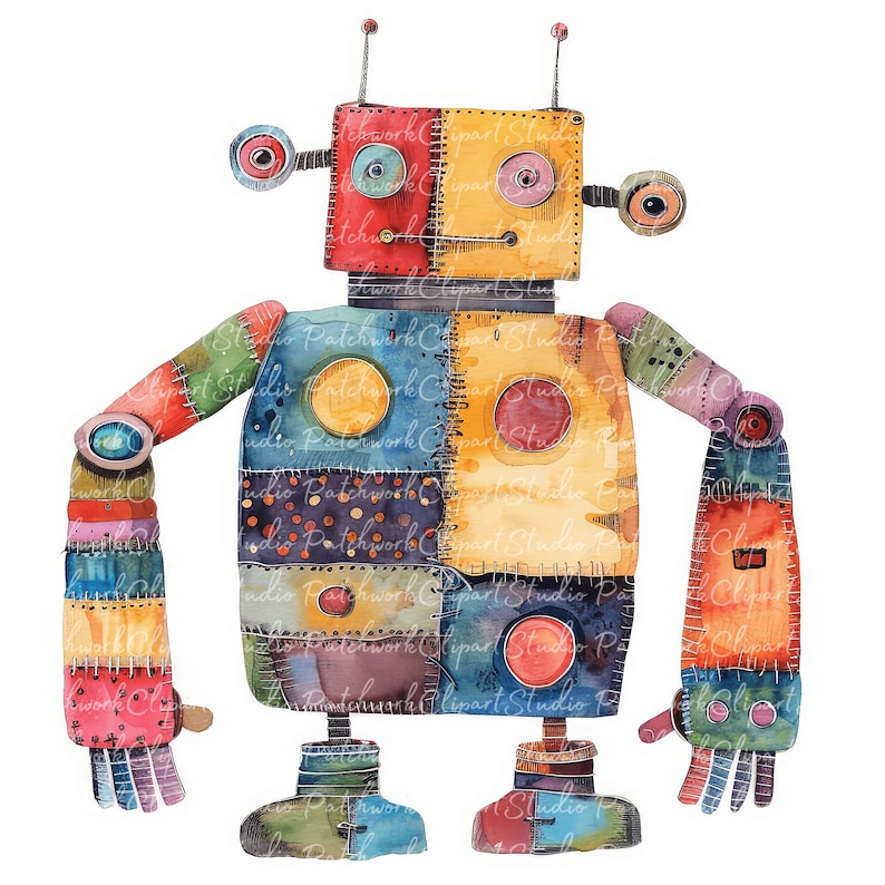 10 Robots Clipart Bundle, PNG & JPG, Printable Patchwork Robot ...