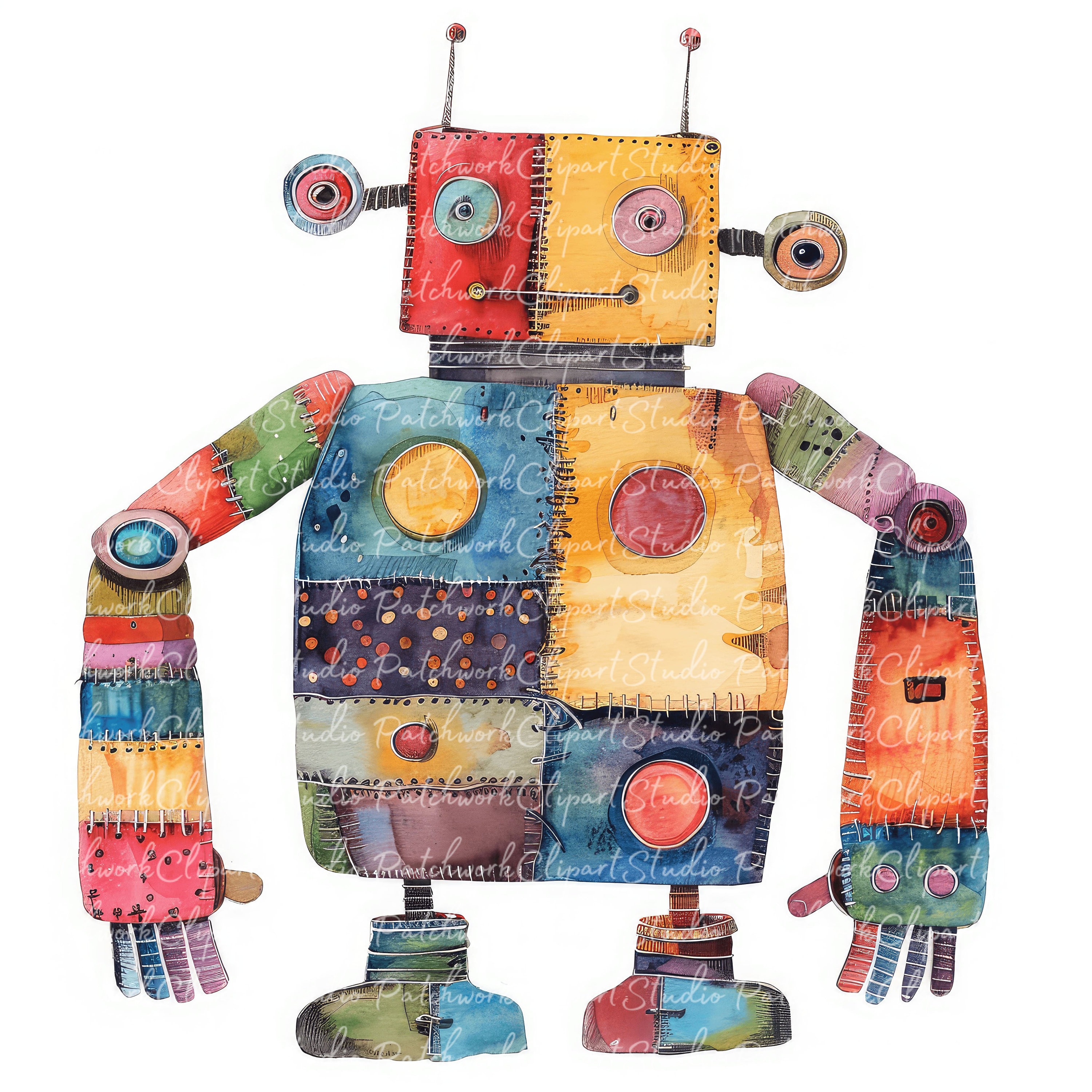 10 Robots Clipart Bundle, PNG & JPG, Printable Patchwork Robot ...