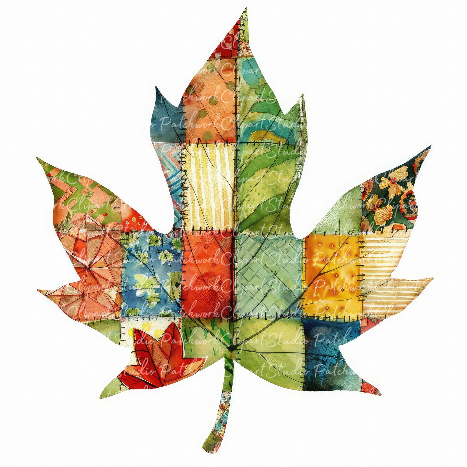 10 Leaves Clipart Bundle, Printable Patchwork Leaf, Cute Quilted Fabric ...