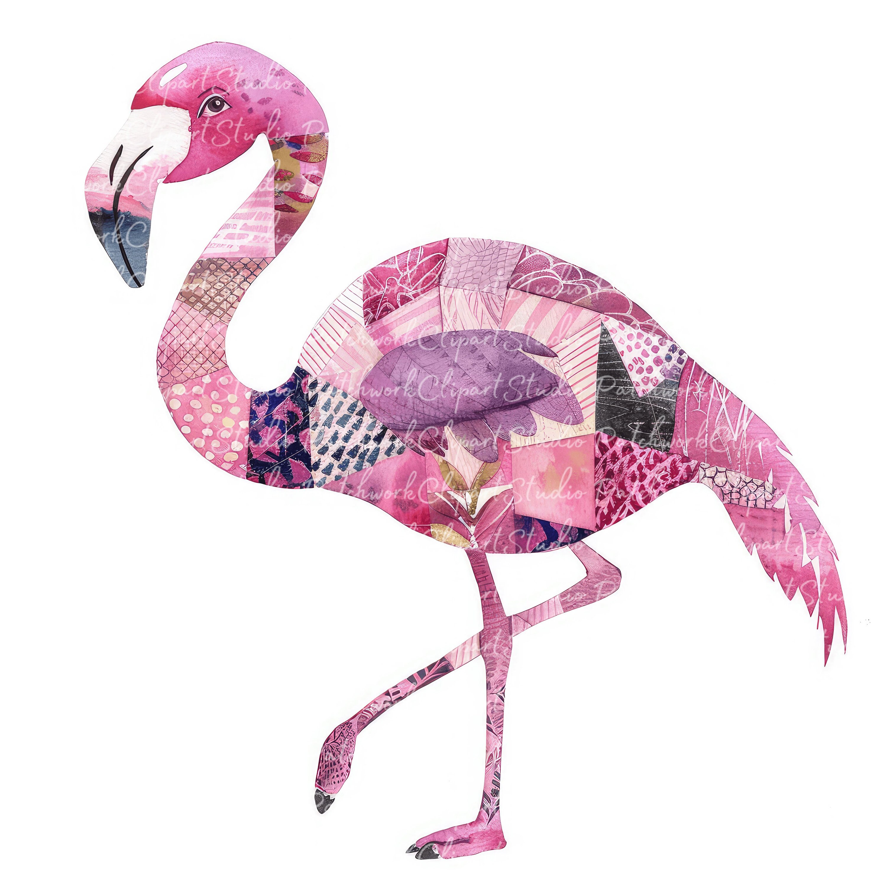 10 Flamingos Clipart Bundle, Printable Patchwork Flamingo, Quilted ...