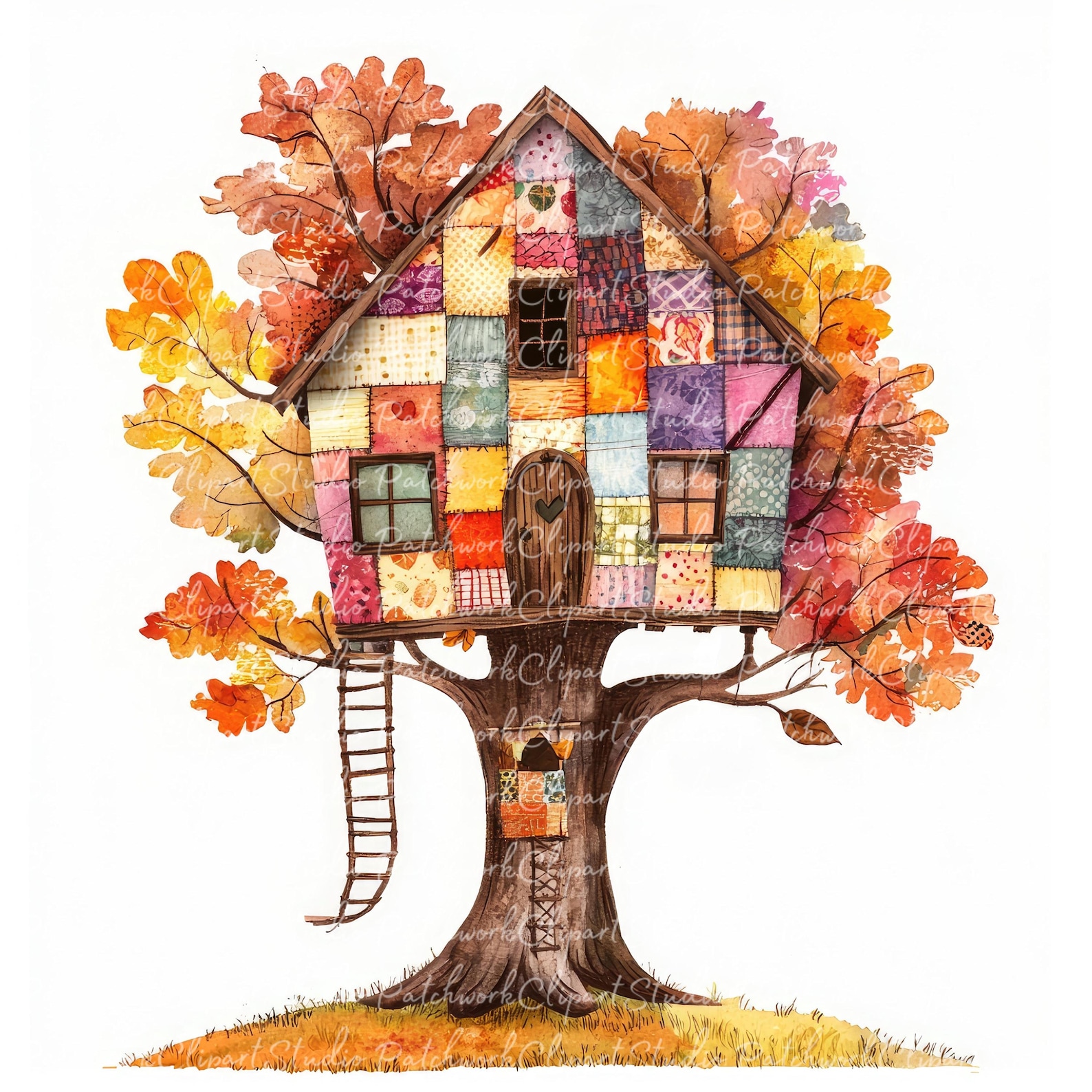 10 Autumn Tree House Clipart Bundle, JPG & PNG, Printable Patchwork ...