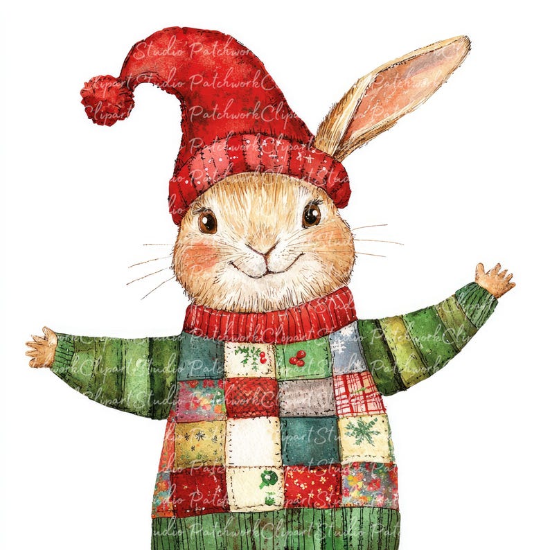 10 Christmas Rabbit Clipart Bundle, PNG & JPG, Printable Patchwork ...