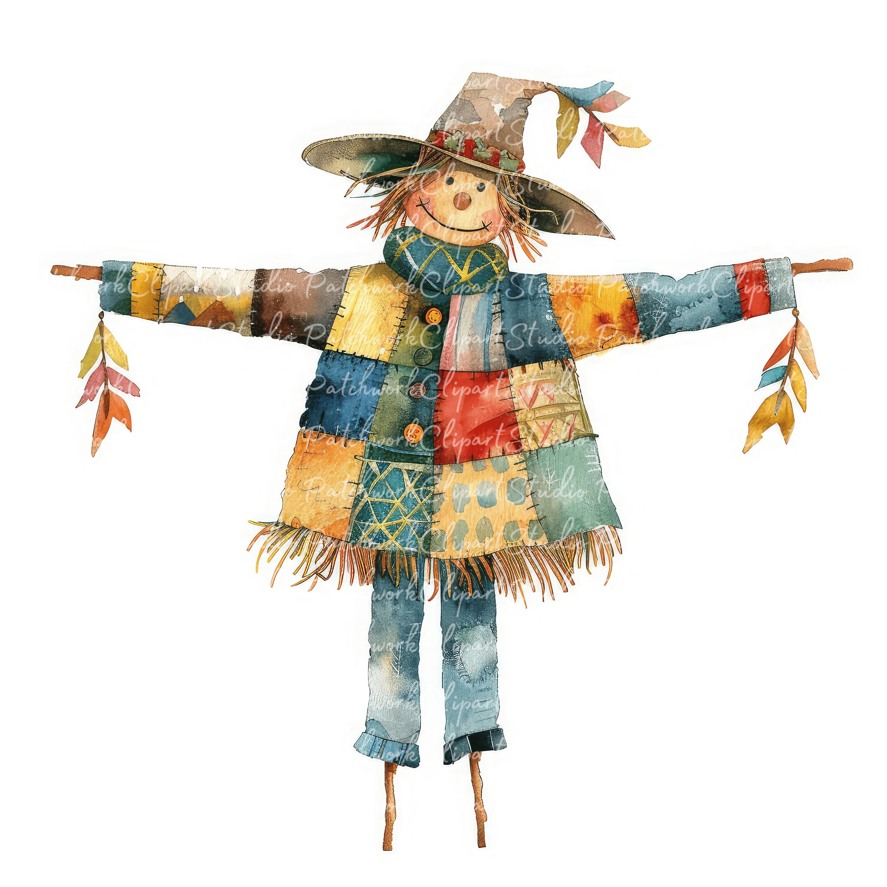 10 Scarecrows Clipart Bundle, PNG & JPG, Printable Patchwork Scarecrow ...