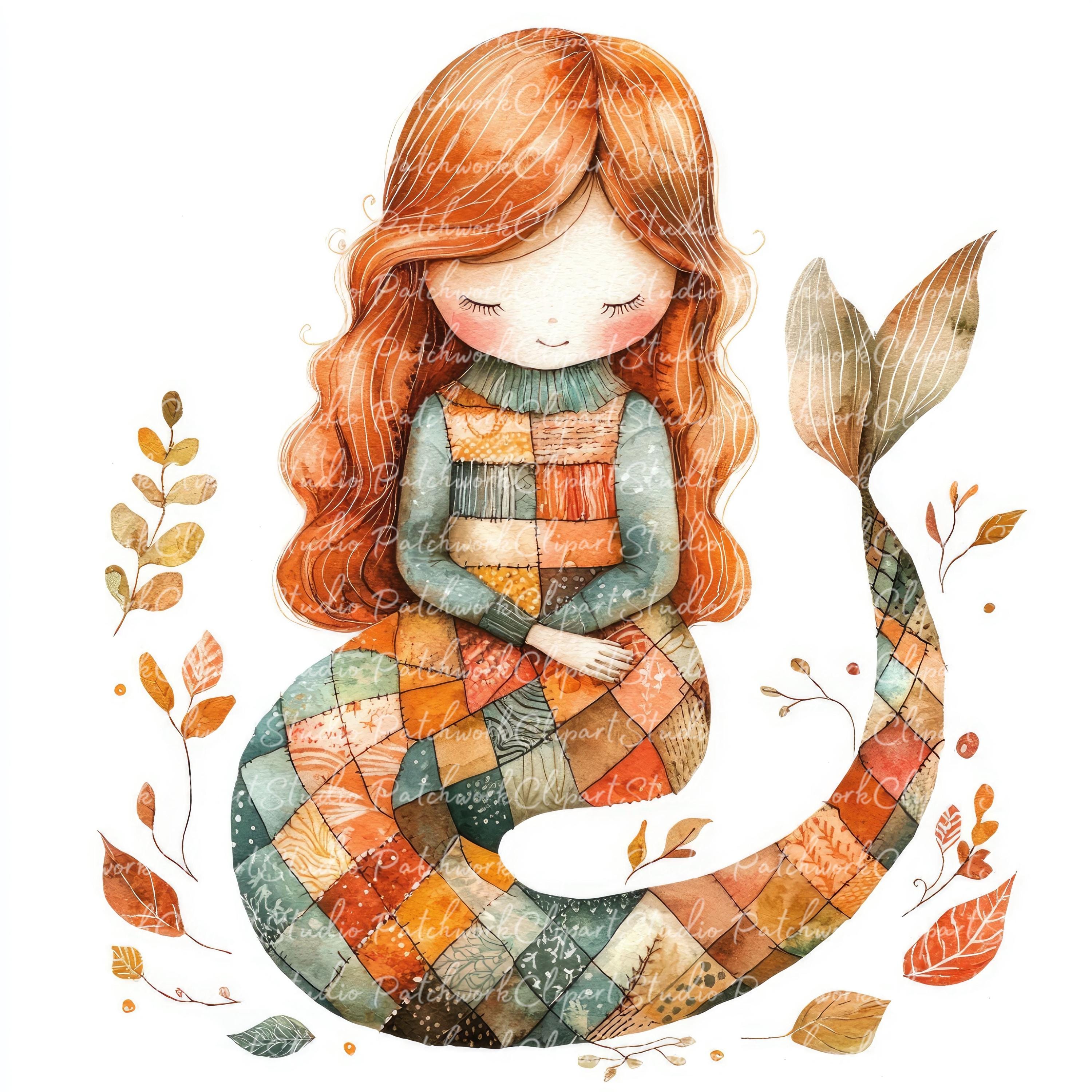 10 Autumn Mermaid Clipart Bundle, PNG & JPG, Printable Patchwork ...