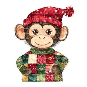 10 Christmas Monkey Clipart Bundle, PNG & JPG, Printable Patchwork ...
