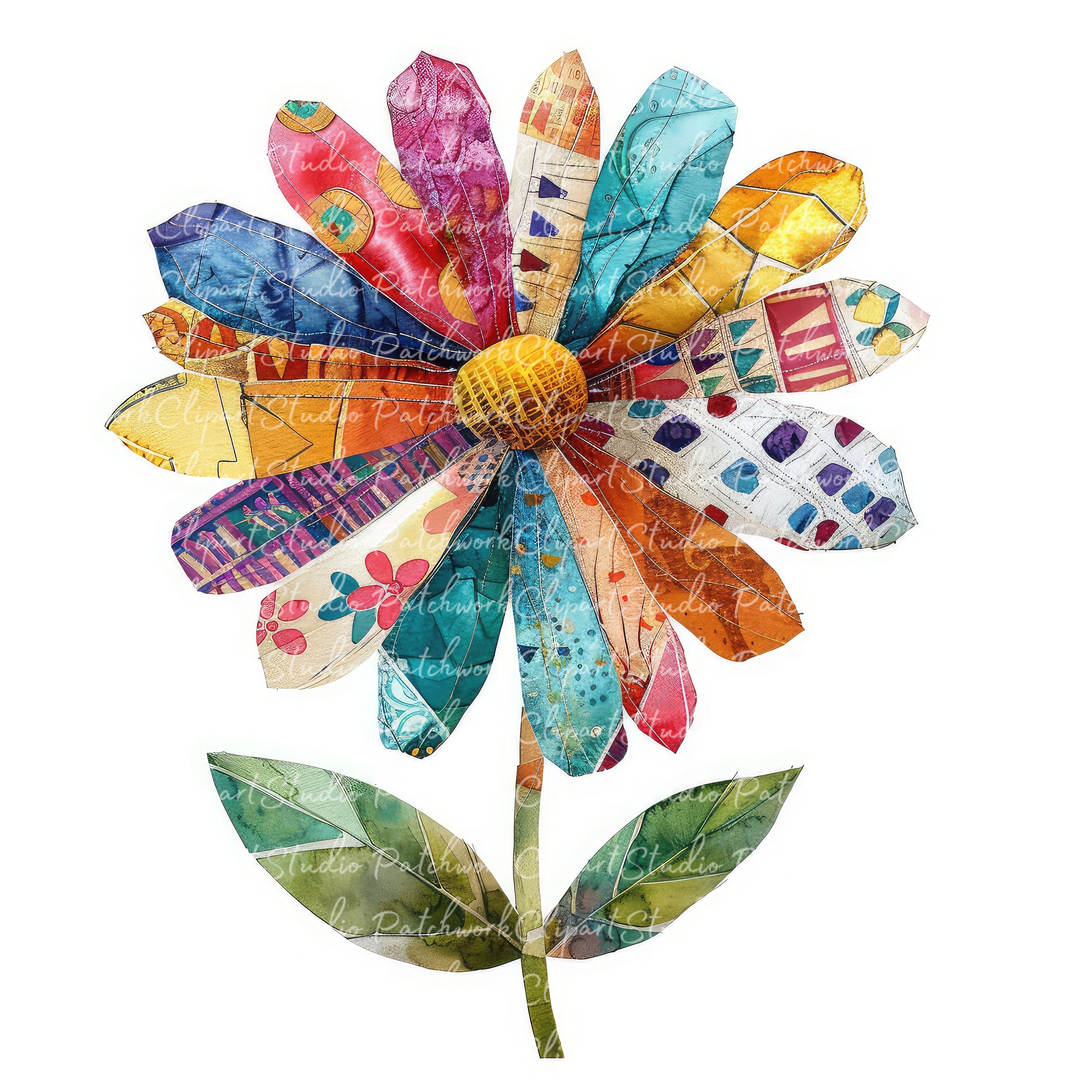 10 Colorful Flower Clipart Bundle, PNG & JPG, Printable Patchwork ...