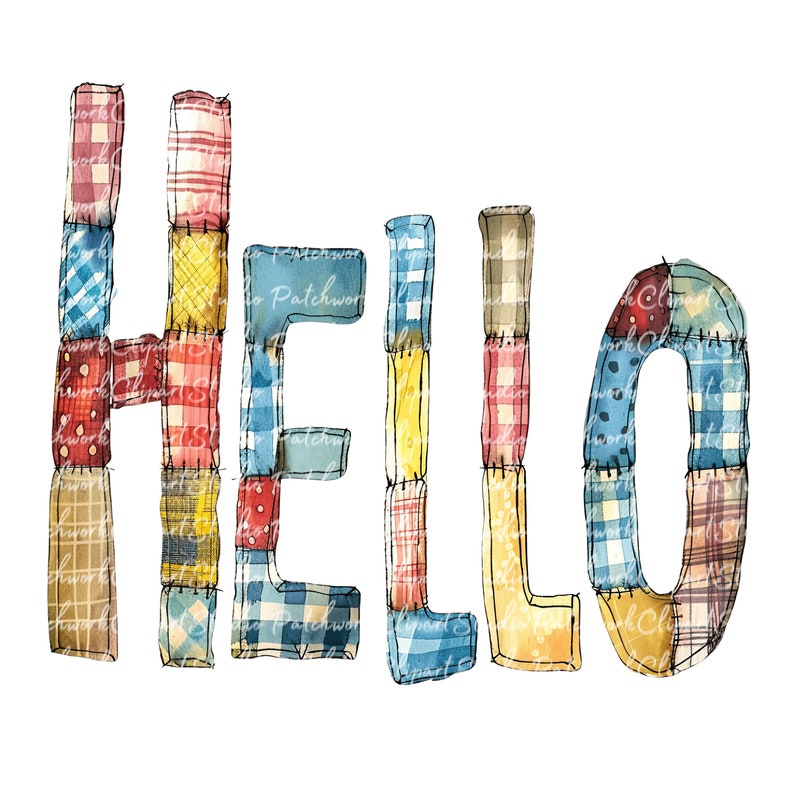 10 Hello Clipart Bundle, PNG & JPG, Printable Patchwork Word Hello ...