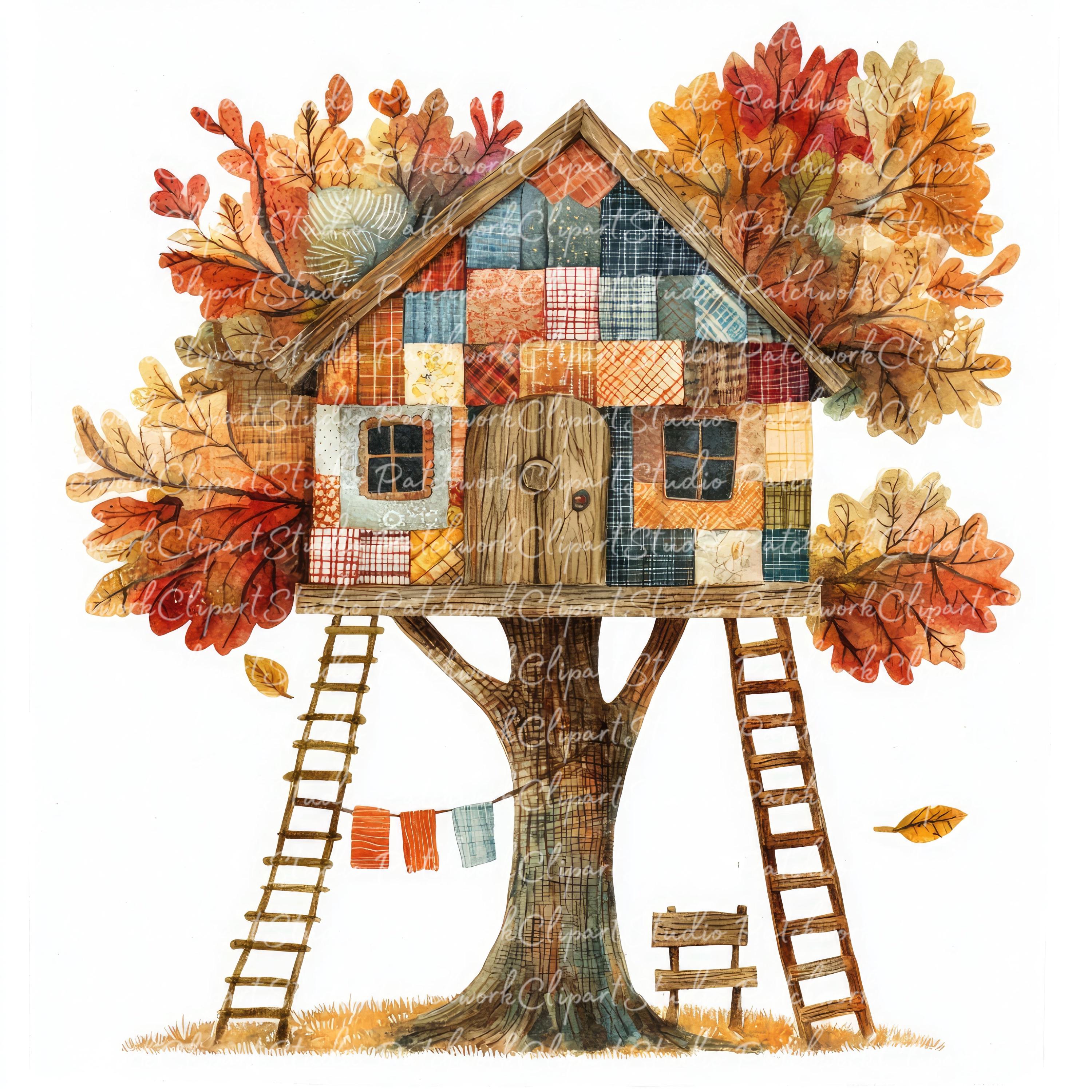 10 Autumn Tree House Clipart Bundle, JPG & PNG, Printable Patchwork ...