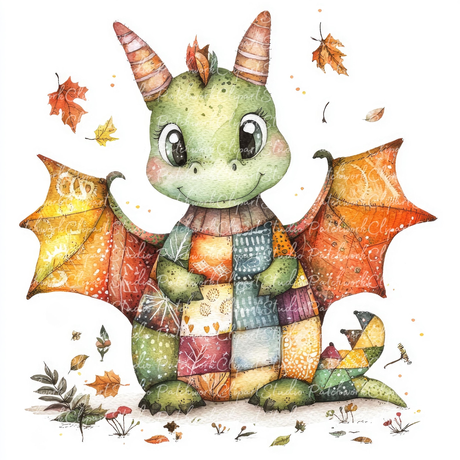 10 Autumn Dragon Clipart Bundle, PNG & JPG, Printable Patchwork, Dragon ...