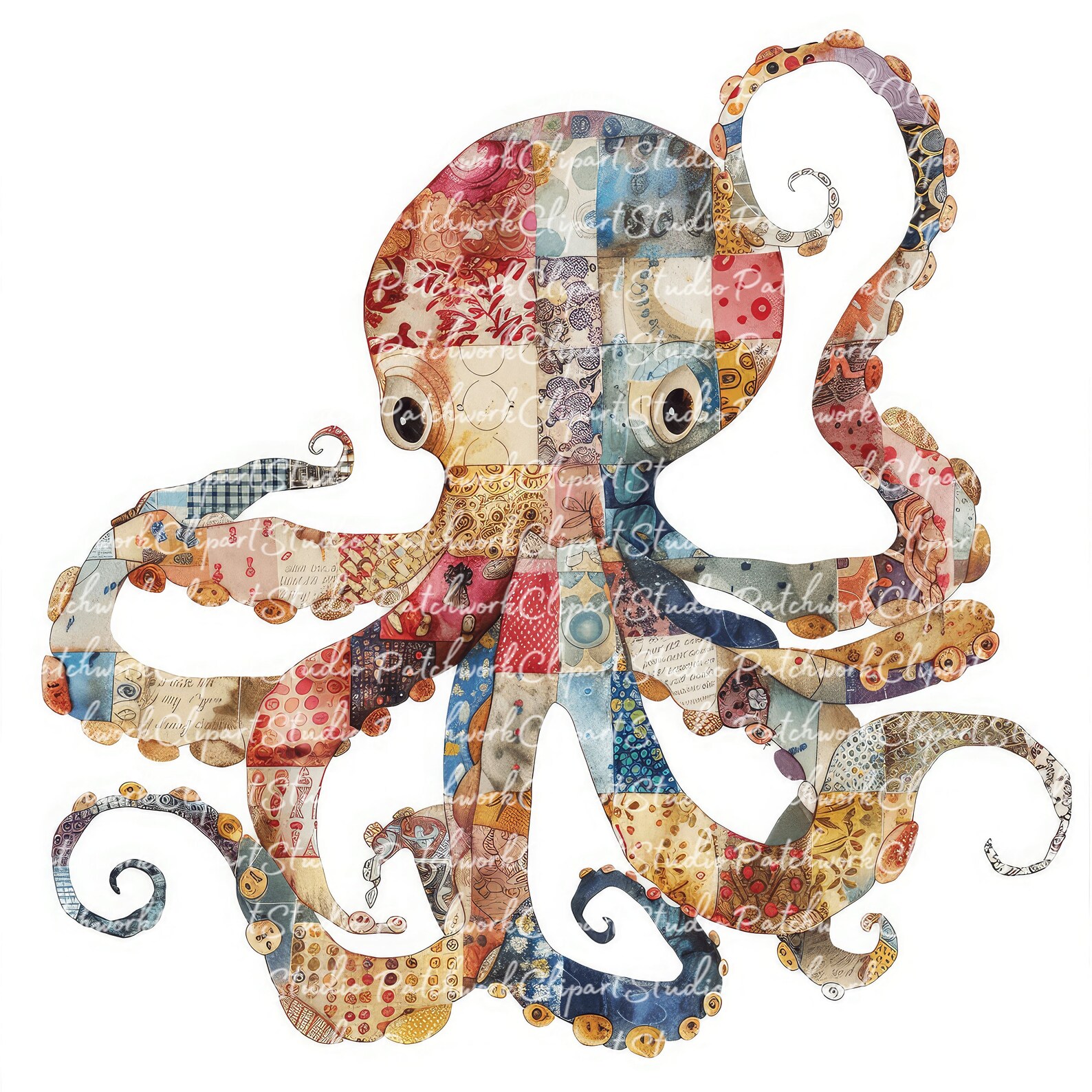 10 Octopus Clipart Bundle, Printable Patchwork Octopus, Quilted Fabric ...