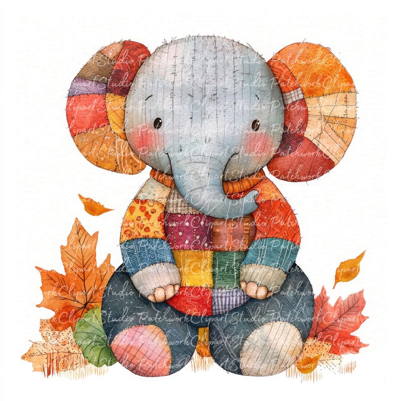 10 Autumn Elephant Clipart Bundle, PNG & JPG, Printable Patchwork ...