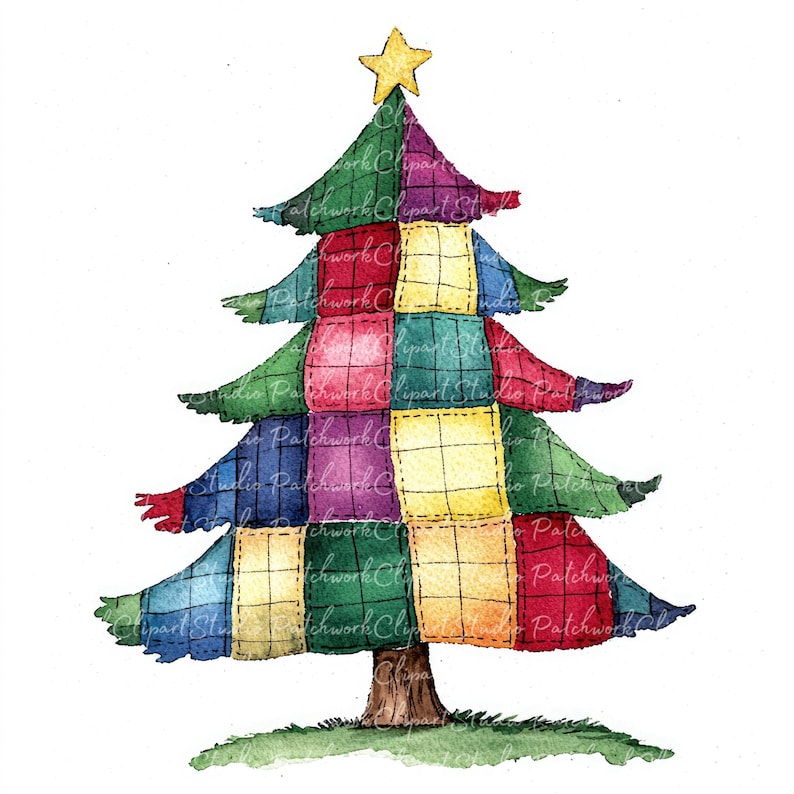 10 Patchwork Christmas Tree Clipart Bundle, PNG & JPG, Printable ...