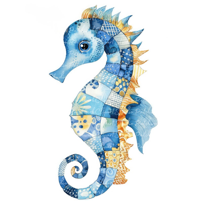 10 Seahorses Clipart Bundle, PNG & JPG, Printable Patchwork Seahorse ...