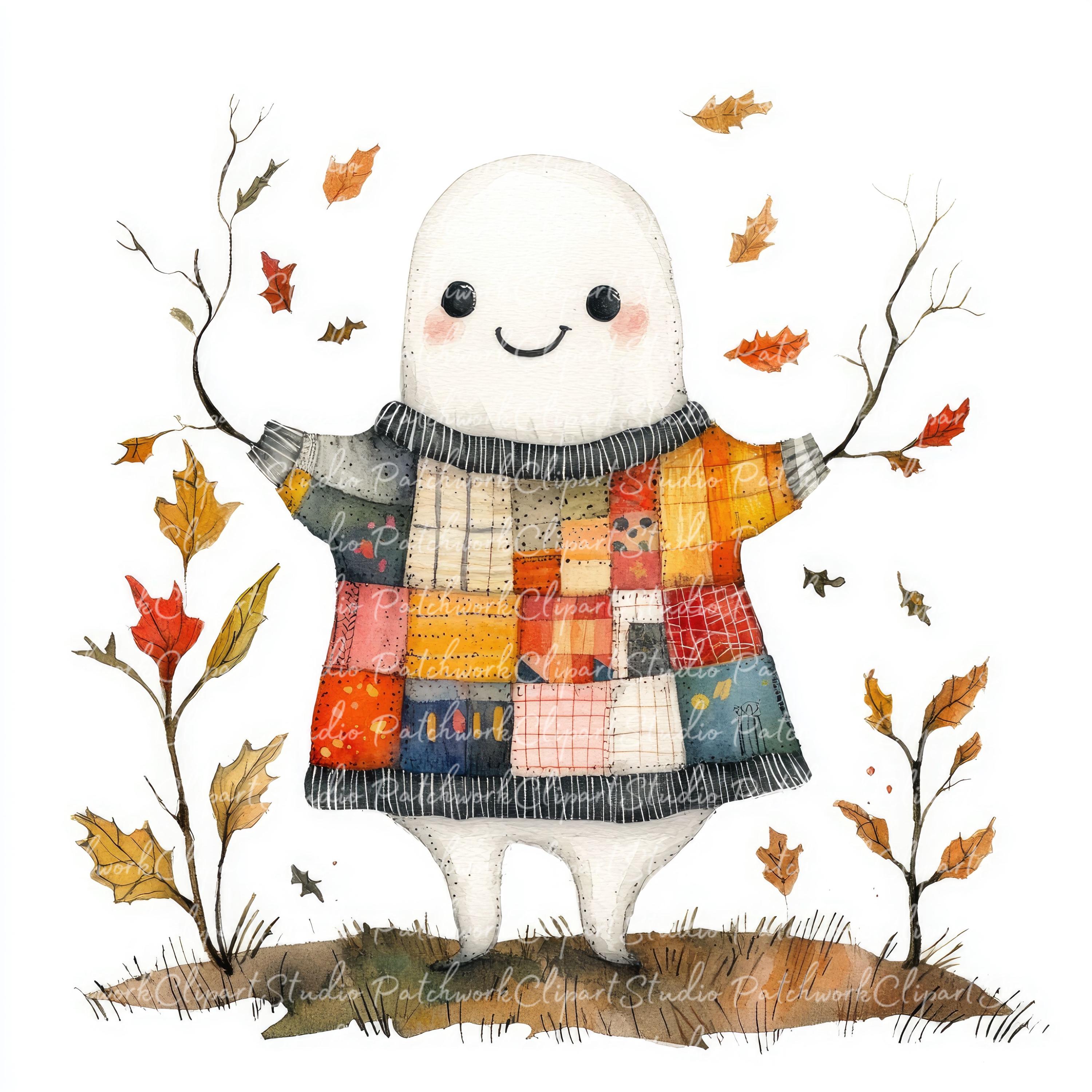 10 Autumn Ghost Clipart Bundle, PNG & JPG, Printable Patchwork ...