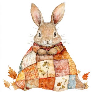 10 Autumn Rabbit Clipart Bundle, PNG & JPG, Printable Patchwork, Rabbit ...