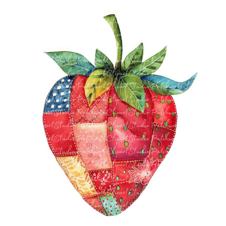 10 Strawberries Clipart Bundle, PNG & JPG, Printable Patchwork Strawberry, Illustrations ...