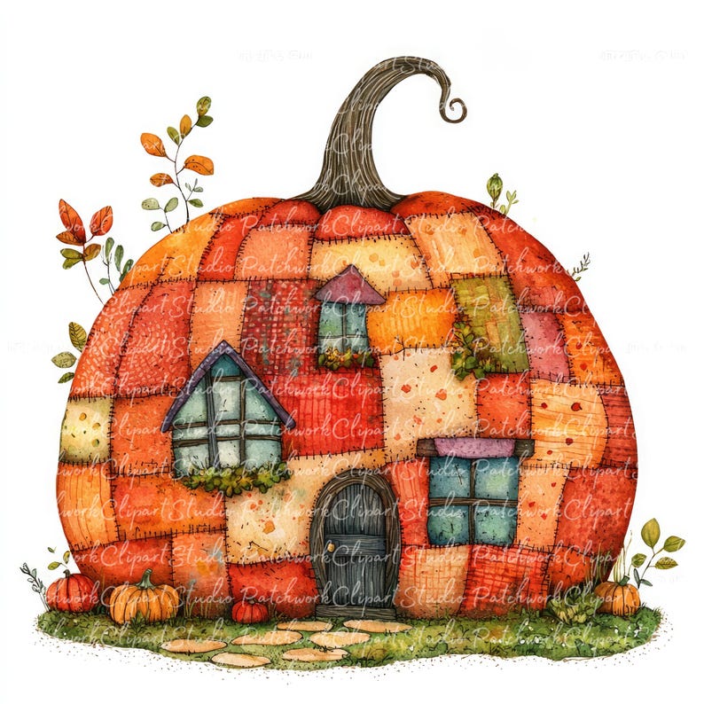10 Pumpkin House Clipart Bundle, PNG & JPG, Printable Patchwork, Cute ...