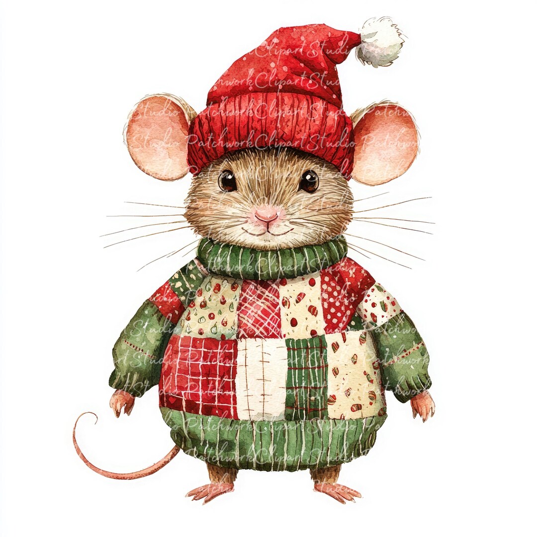 10 Christmas Mouse Clipart Bundle, PNG & JPG, Printable Patchwork, Xmas ...