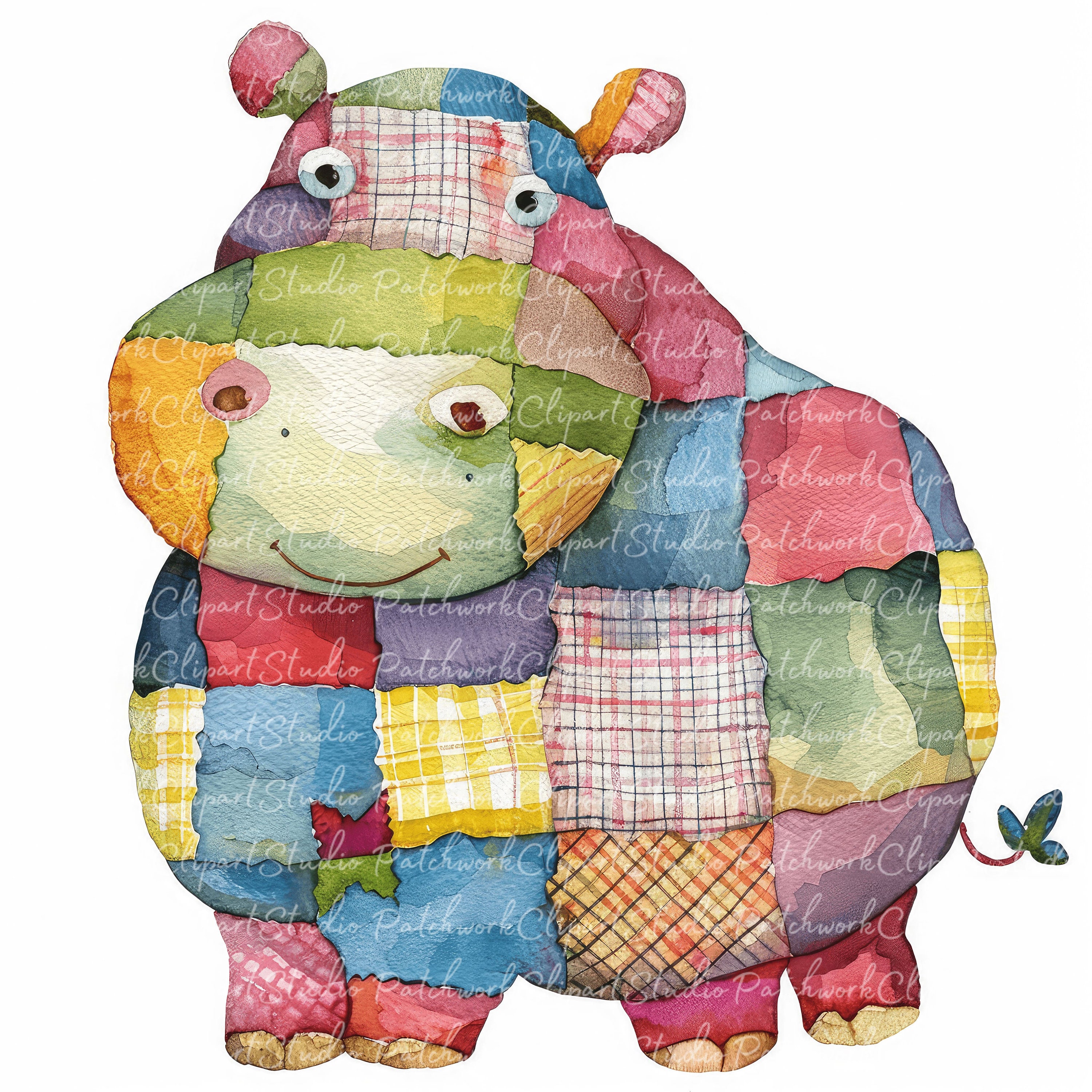 10 Hippo Clipart Bundle, PNG & JPG, Printable Patchwork Hippopotamus, Illustrations, Digital ...