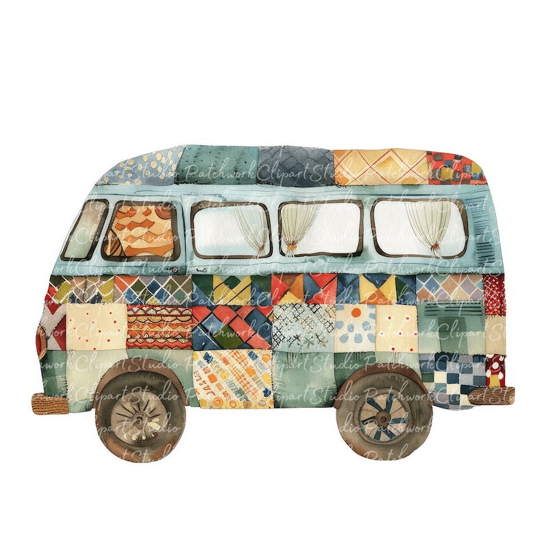 10 Buses Clipart Bundle, Printable Patchwork Bus, Quilted Fabric ...