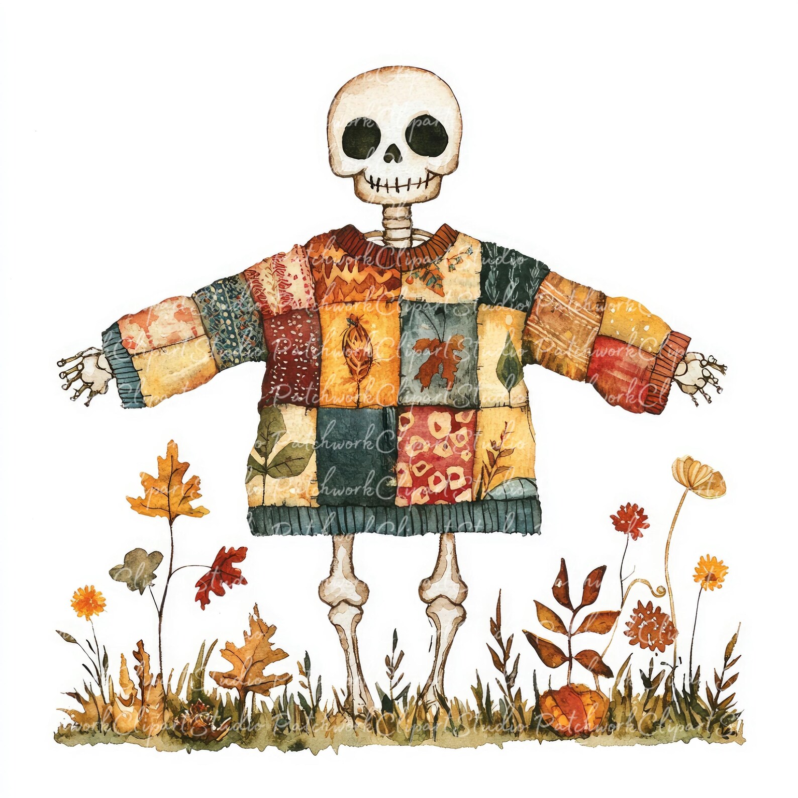 10 Autumn Skeleton Clipart Bundle, PNG & JPG, Printable Patchwork ...