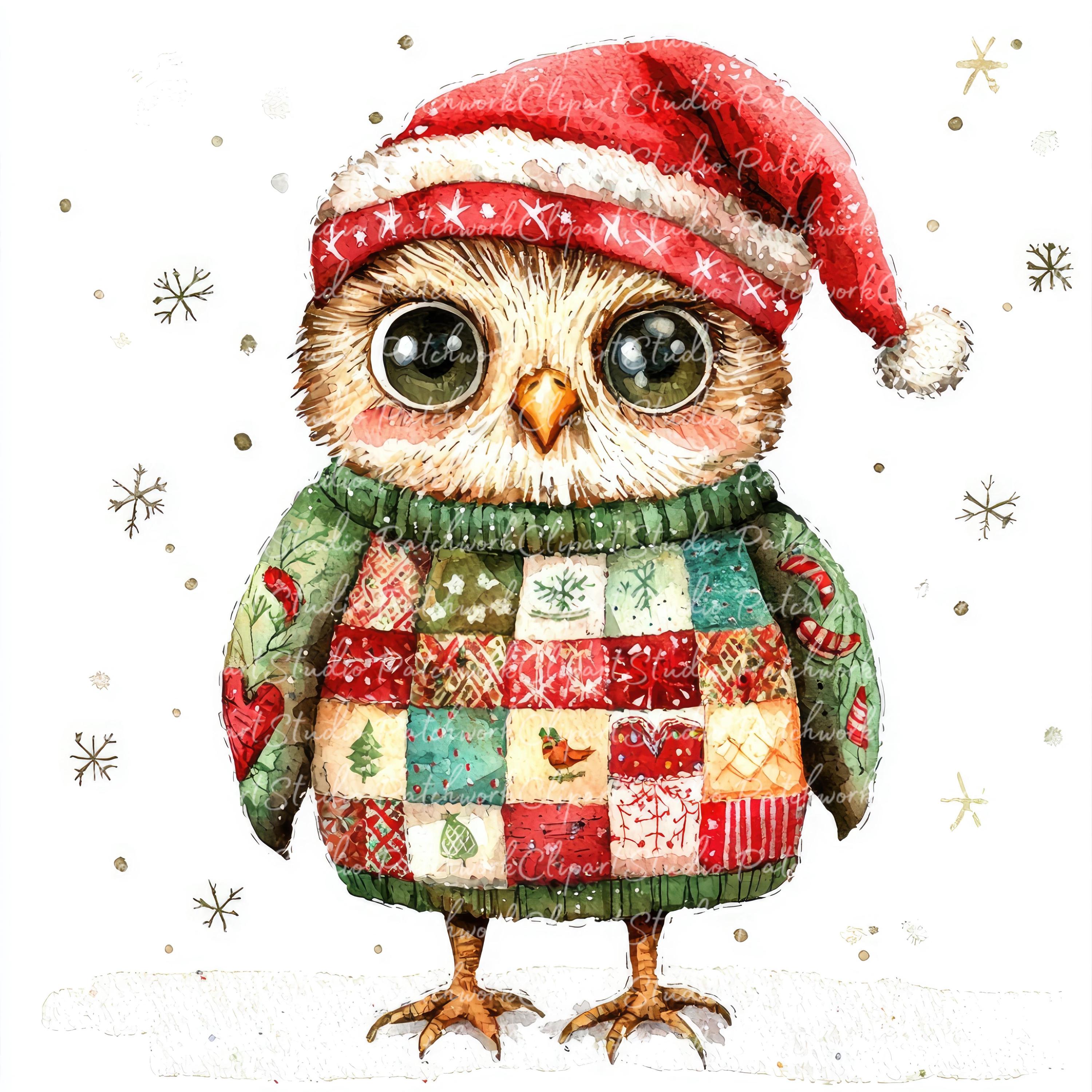 10 Christmas Owl Clipart Bundle, PNG & JPG, Printable Patchwork, XMAS ...