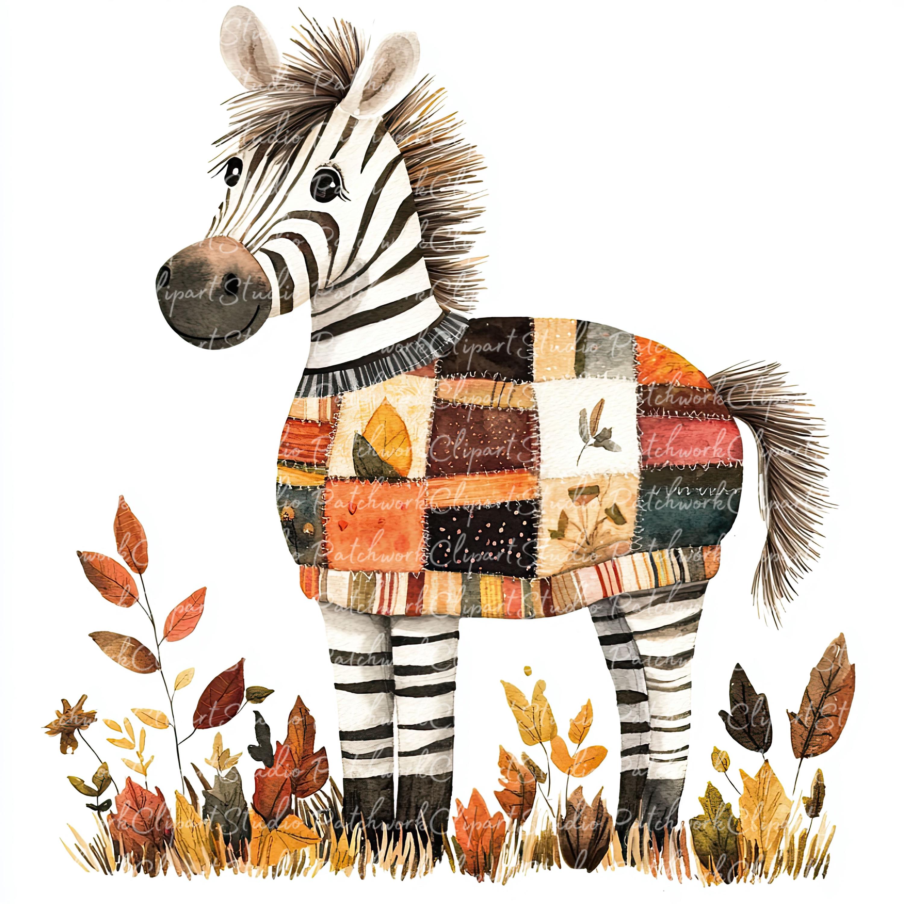 10 Autumn Zebra Clipart Bundle, PNG & JPG, Printable Patchwork, Zebra ...