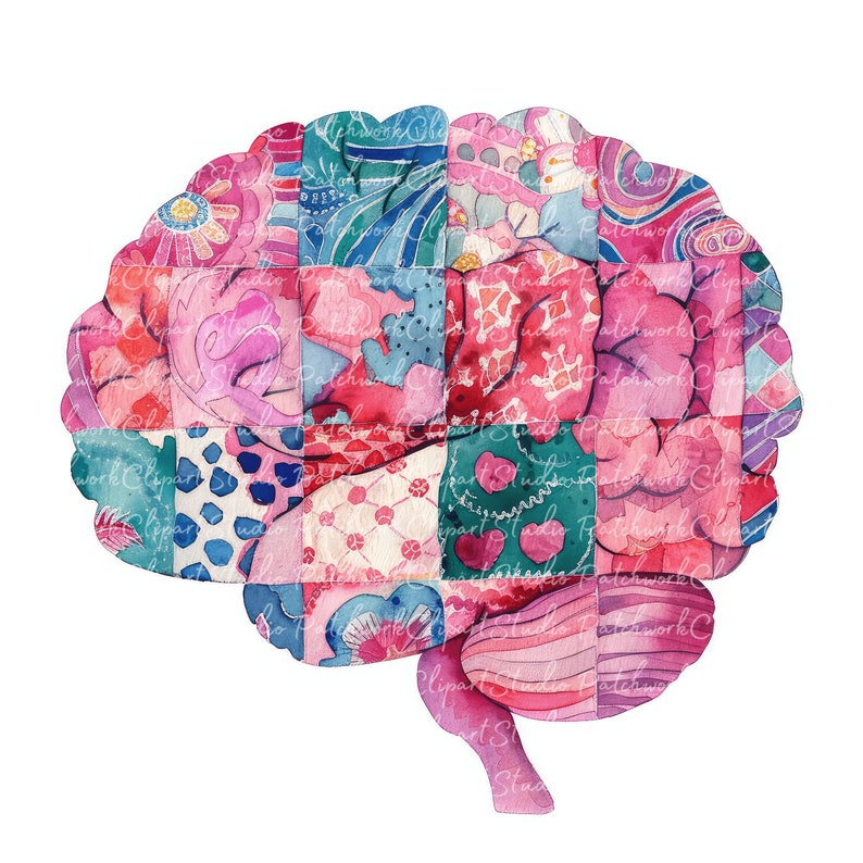 10 Brains Clipart Bundle, PNG & JPG, Printable Patchwork Brain ...