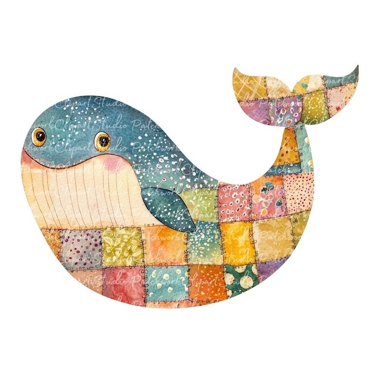 10 Whale Clipart Bundle, PNG & JPG, Printable Patchwork Whale ...