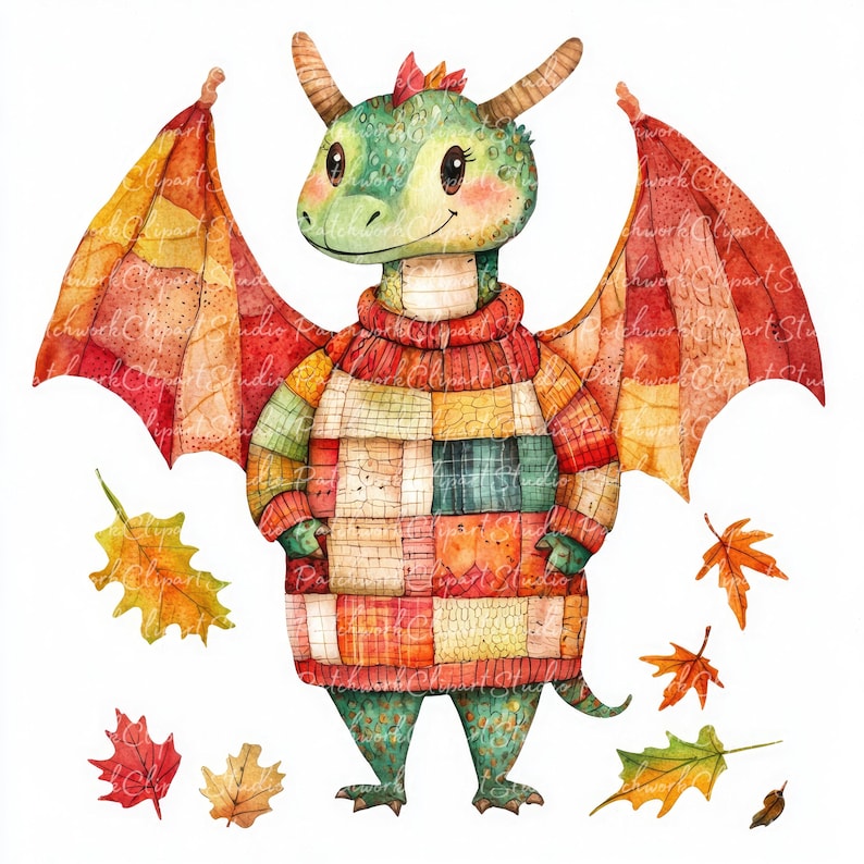 10 Autumn Dragon Clipart Bundle, PNG & JPG, Printable Patchwork, Dragon ...