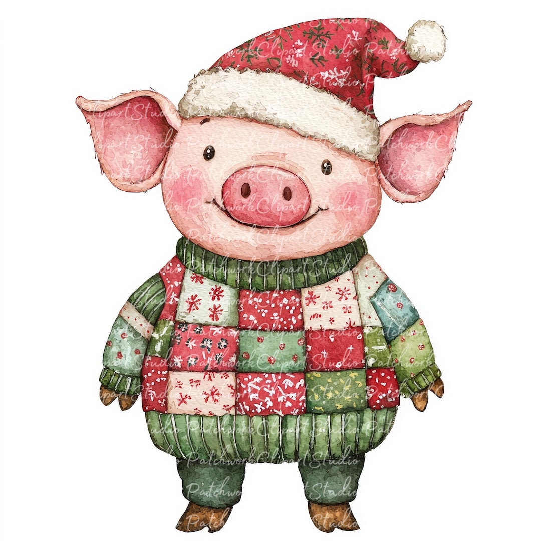 10 Christmas Pig Clipart Bundle, PNG & JPG, Printable Patchwork, XMAS ...